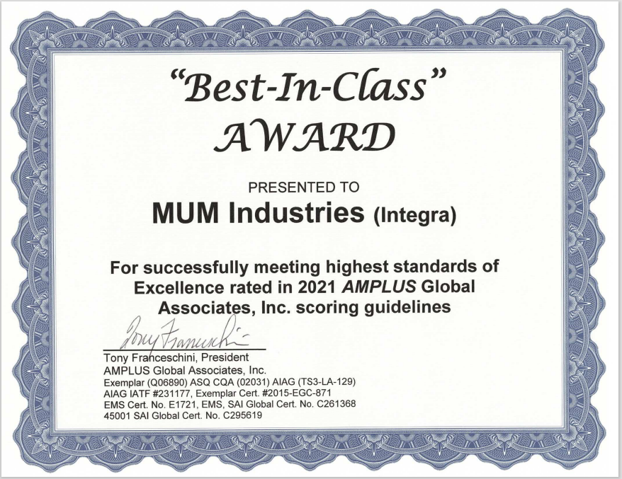 MUM Industries receives “Best-In-Class” Award during ISO certification ...